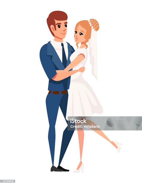 남자와 여자 결혼식 에 사랑 포옹 커플 만화 캐릭터 디자인 평면 벡터 일러스트 에 화이트 배경 결혼식에 대한 스톡 벡터 아트 및