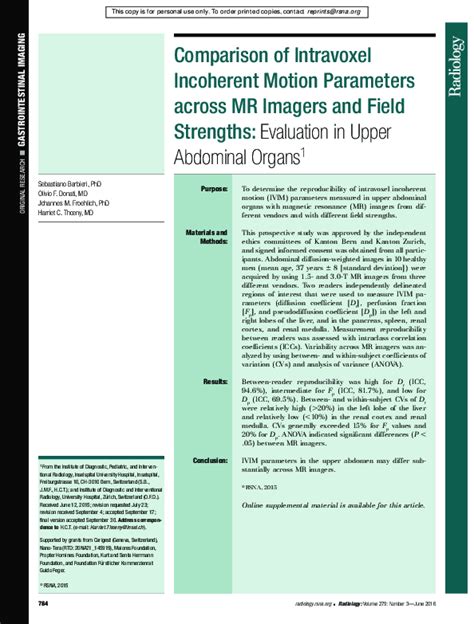 Pdf Comparison Of Intravoxel Incoherent Motion Parameters Across Mr Imagers And Field