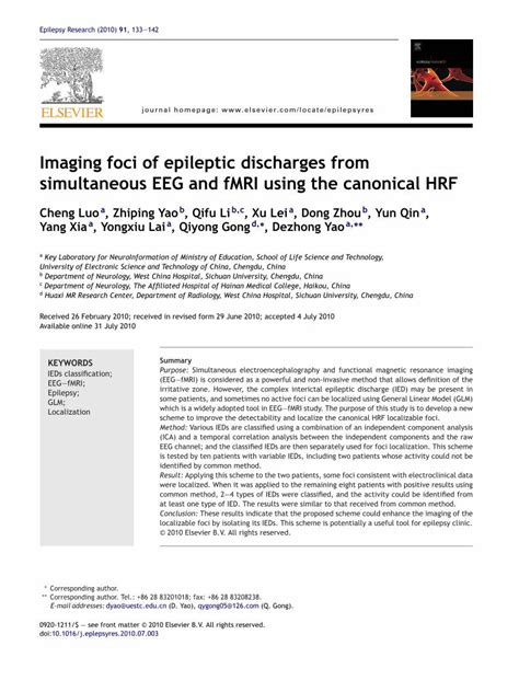 Pdf Imaging Foci Of Epileptic Discharges From Simultaneous Eeg And Fmri Using The Canonical