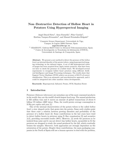 Pdf Non Destructive Detection Of Hollow Heart In Potatoes Using Hyperspectral Imaging