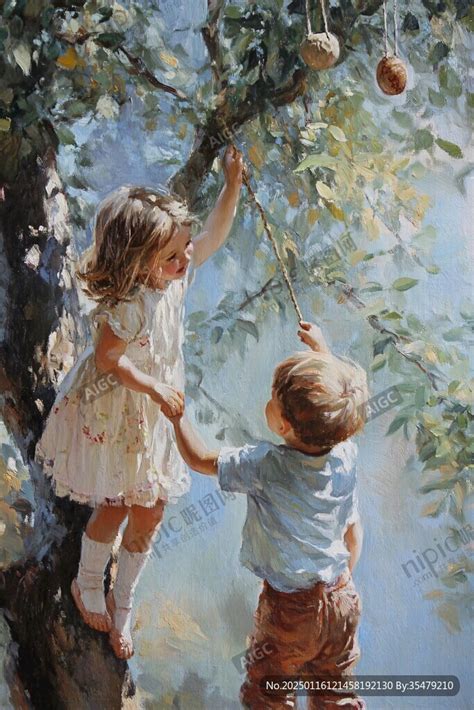 Ai创作图油画小孩 树下玩耍的小孩 欢乐题材油画 大树下的孩童 儿童厚涂油画肌理 小区健身儿童油画 摘红枣绘画 高清手绘油画 手绘高清油画 小