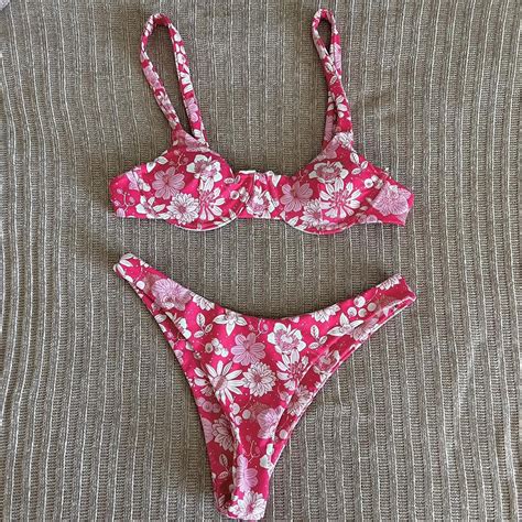 Pink Floral Print Bikini High Cut Swim Bottoms Depop