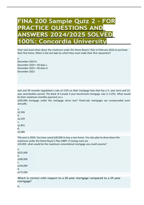 Fina 200 Sample Quiz 2 For Practice Questions And Answers 20242025 Solved 100 Concordia