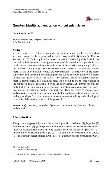 Pdf Quantum Identity Authentication Without Entanglement