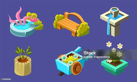 판타지 풍경 요소 세트 음 벤치 폭포 화단 수레 모바일 앱 또는 비디오 게임 벡터 일러스트레이션을위한 사용자 인터페이스 자산 0명에 대한 스톡 벡터 아트 및 기타 이미지