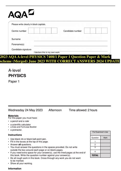2023 Aqa A Level Physics 7408 1 Paper 1 Question Paper And Mark Scheme Merged June 2023 With