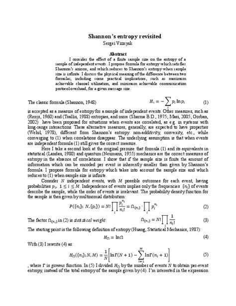 Pdf Shannons Entropy Revisited Sergei Viznyuk