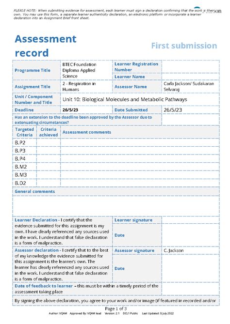 Btec Assessment Record Template Please Note When Submitting Evidence For Assessment Each