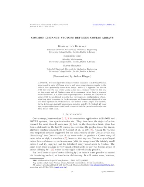 Pdf Common Distance Vectors Between Costas Arrays