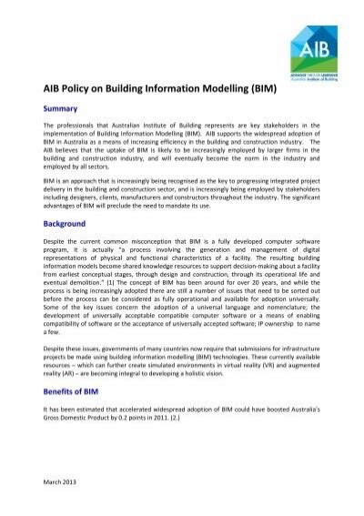 Aib Policy On Building Information Modelling Bim Australian