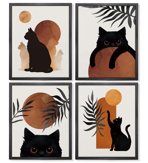 Goxfoc Cat Wall Art Prints Decor Cute Black Cat Sun Orange Posters Set