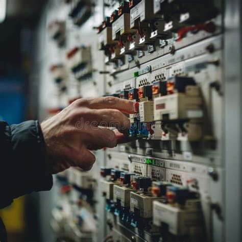 Electrical Panel Repair Electrician Switching Off Circuit Breakers In Fuse Box Hands Closeup