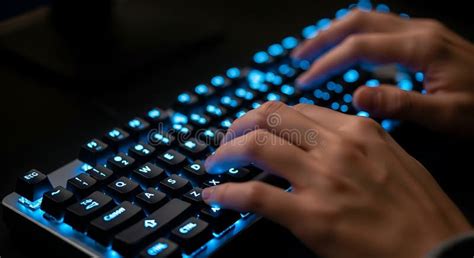 Hands Typing On Illuminated Keyboard Blue Backlit Keys Dark Background Technology Concept