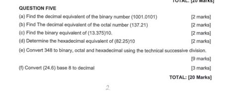Question Five A Find The Decimal Equivalent Of The Binary Number 1001