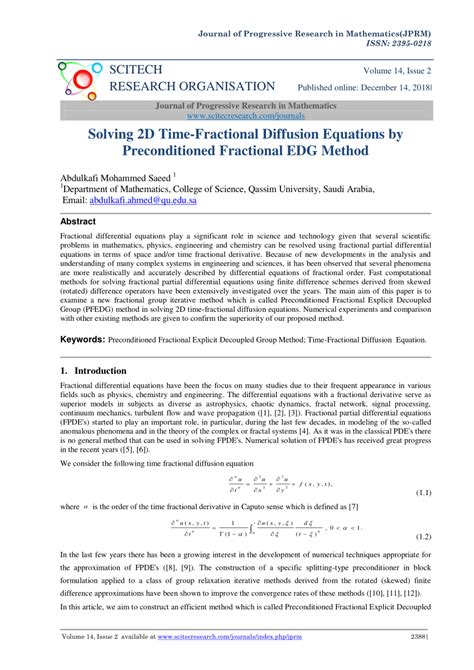 Pdf Solving 2d Time Fractional Diffusion Equations By Preconditioned