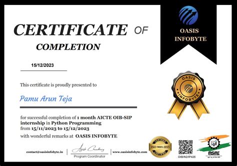 arun teja on linkedin pythonprogramming internshipcompletion oasisinfobyte aicte sip…