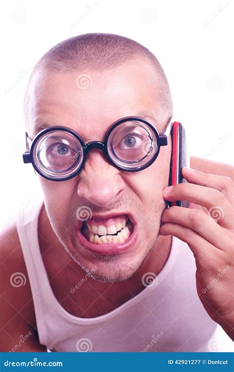 Angry Nerd Talking On A Cell Phone Stock Image Image Of Cordless