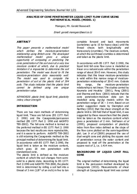 Pdf Analysis Of Cone Penetrometer Liquid Limit Flow Curve Using