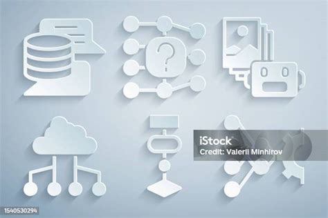 알고리즘 인공지능 로봇 네트워크 클라우드 연결 신경망 서버 데이터 아이콘을 설정합니다 벡터 3차원 형태에 대한 스톡 벡터 아트