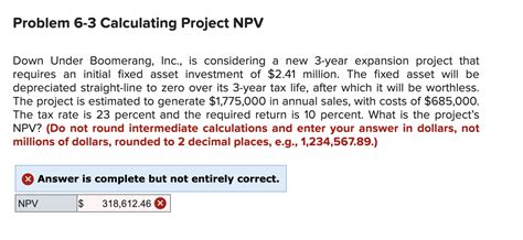 solved problem 6 3 calculating project npv down under
