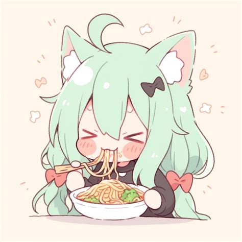 Premium Ai Image Anime Girl Eating Noodles With A Cat Ear And Bow Tie Generative Ai
