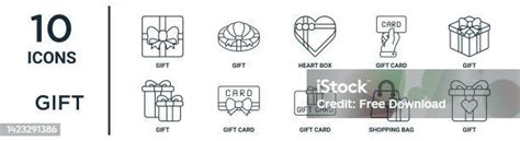선물 개요 아이콘 세트는 얇은 선 선물 심장 상자 선물 카드 쇼핑백 보고서 프리젠 테이션 다이어그램 웹 디자인 아이콘을 포함 가격에 대한 스톡 벡터 아트 및 기타 이미지