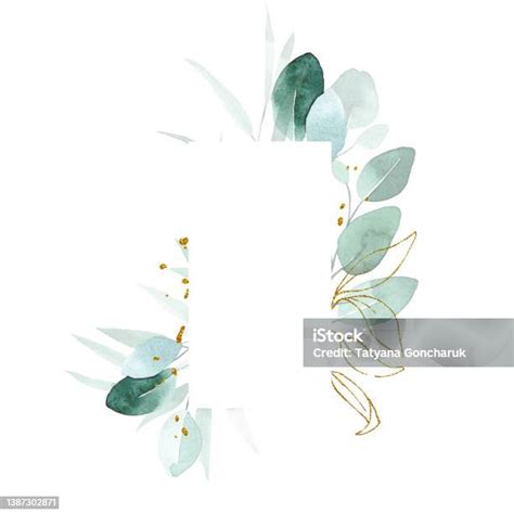 수채화 도면 직사각형 프레임 유칼립투스 잎과 황금 잎과 물보라와 테두리 빈티지 스타일 보헤미안의 섬세한 패턴 금 금속에 대한