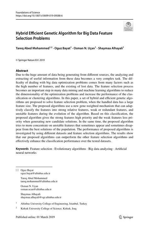 Pdf Hybrid Efficient Genetic Algorithm For Big Data Feature Selection Problems