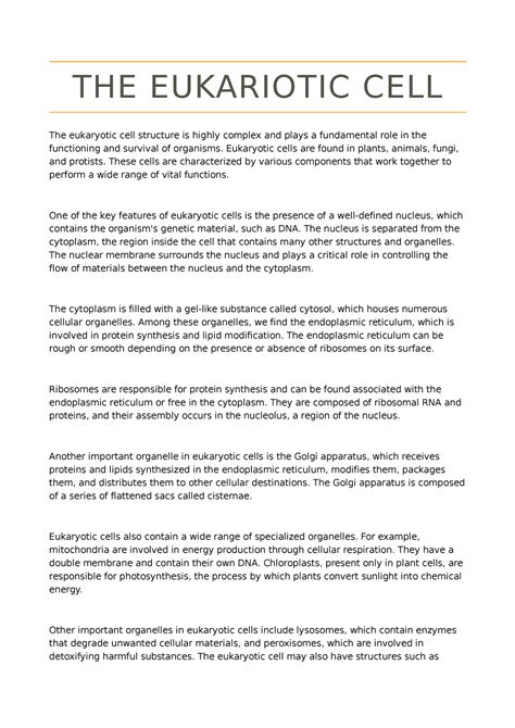 Structure Of The Cell THE EUKARIOTIC CELL The Eukaryotic Cell Structure Is Highly Complex And