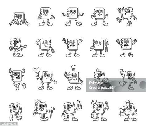 그루비 복고풍 공책 캐릭터 만화 개요 빈티지 재미 표현 스타일 감정 제스처 의상 액세서리 직업 및 창의적인 요소가 있습니다