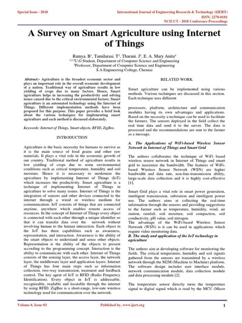 A Survey On Smart Agriculture Using Internet Of Things Pdf Internet Of Things Wireless