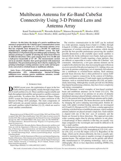 Pdf Multibeam Antenna For Ka Band Cubesat Connectivity Using 3 D Printed Lens And Antenna Array