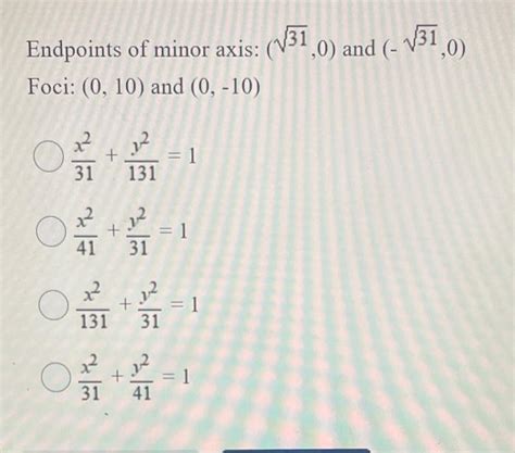 Solved Endpoints Of Minor Axis 31 0 And −31 0 Foci