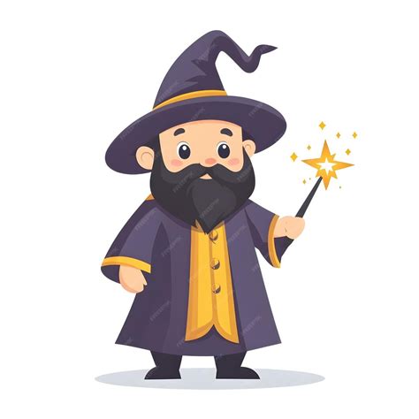 Cheerful Cartoon Wizard Character Wielding Magical Wand With Sparkling