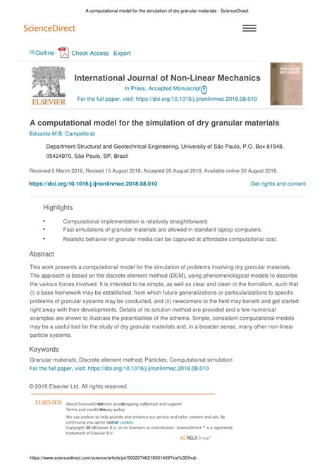 PDF A Computational Model For The Simulation Of Dry Granular Materials