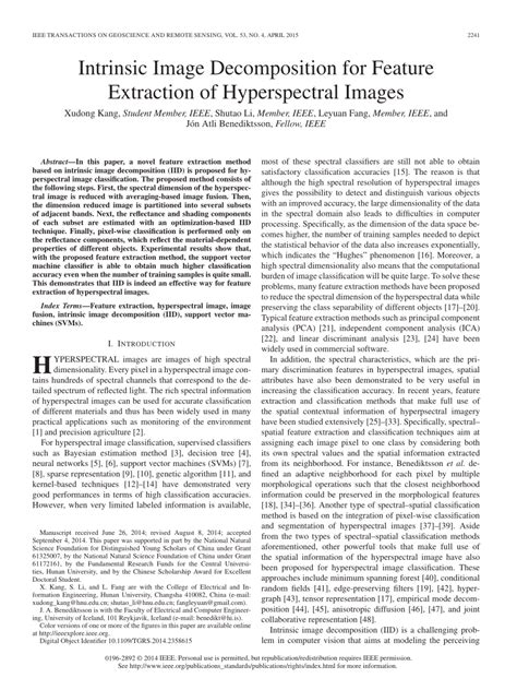 Pdf Intrinsic Image Decomposition For Feature Extraction Of Hyperspectral Images