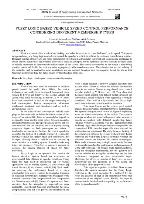 Pdf Fuzzy Logic Based Vehicle Speed Control Performance Considering