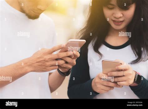 Asian Couple People Use Tablet Then Smartphone Connection Social Media By Technology Internet 5G