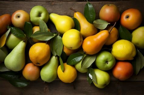 Premium Ai Image Overhead Shot Of Diverse Pear Varieties Artfully