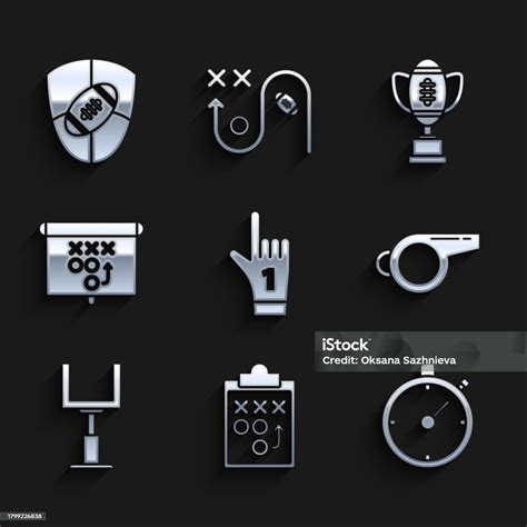 세트 번호 1 손가락을 올린 팬 손 장갑 하나 계획 전략 개념 스톱워치 호루라기 미식 축구 골 포스트 어워드 컵 및 축구 방패 아이콘 벡터 검은색에 대한 스톡 벡터 아트 및