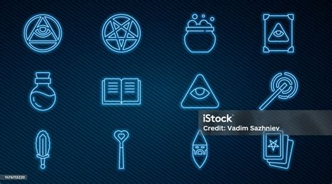 세트 라인 세 개의 타로 카드 마술 지팡이 마녀 가마솥 고대 마법 책 물약이 든 병 메이슨 원 아이콘의 오각형 벡터 Freemasons에 대한 스톡 벡터 아트 및 기타