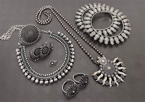 Oxidised Jewellery Set Of 7 With Long Necklace German Silver