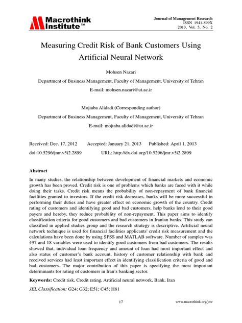 Measuring Credit Risk Of Bank Customers Pdf Artificial Neural Network Banks