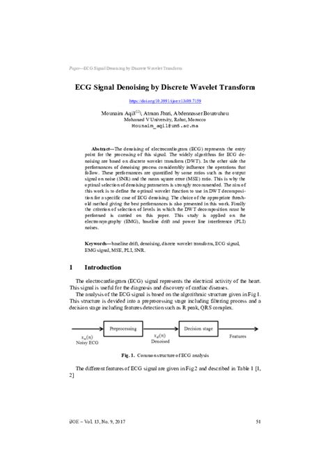 Pdf Ecg Signal Denoising By Discrete Wavelet Transform