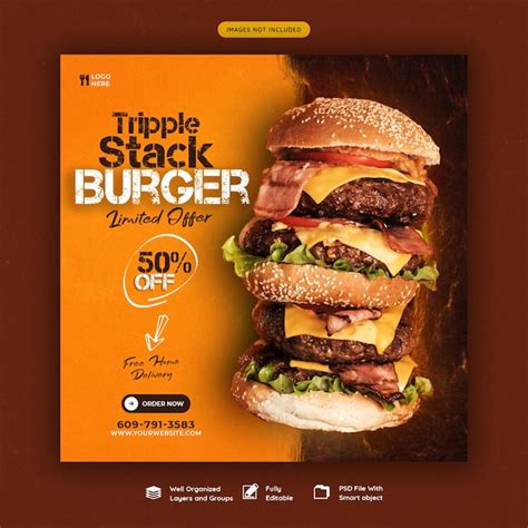 맛있는 햄버거와 음식 메뉴 소셜 미디어 배너 템플릿 무료 Psd 파일