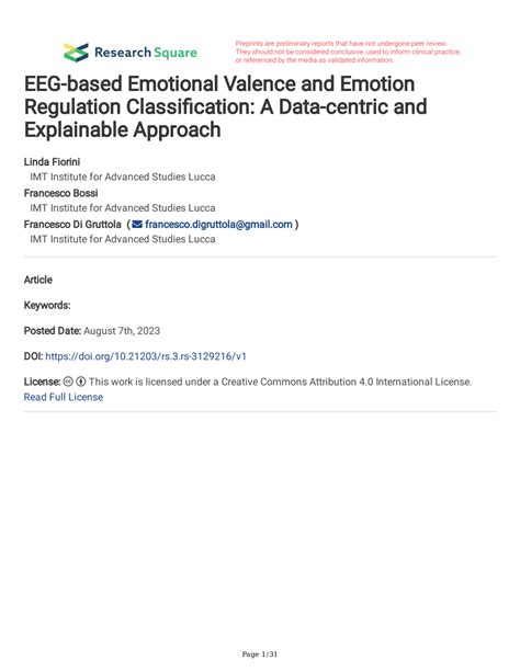 pdf eeg based emotional valence and emotion regulation classification