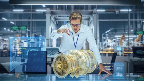 하이테크 산업 3d 엔진을 설계하는 엔지니어 증강 현실 홀로그램 테이블을 사용하여 프로토타입 모델을 분석합니다 녹색 에너지 전기 생산을위한 터빈 자동화된 로봇 암 제조