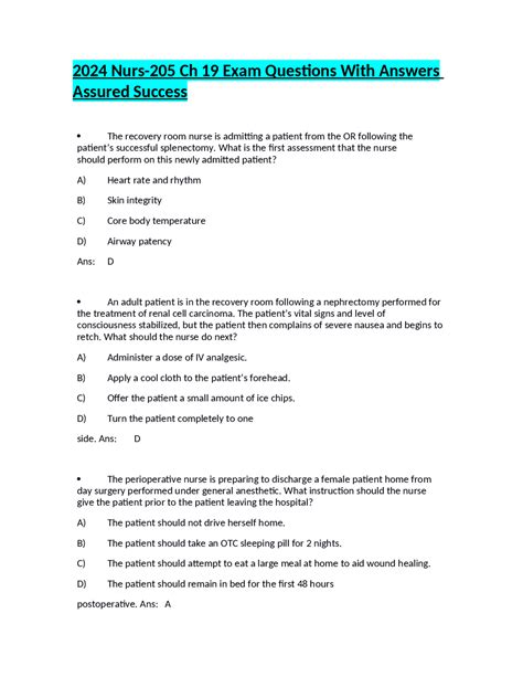 2024 Nurs 205 Ch 19 Exam Questions With Answers Assured Success Exams Nursing Docsity