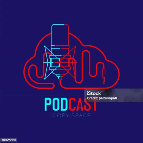 마이크 로고 아이콘 개요 스트로크 클라우드 모양 프레임 케이블 대시 라인 디자인 팟 캐스트 인터넷 라디오 프로그램 개념 일러스트