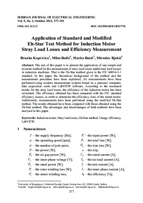 Pdf Application Of Standard And Modified Eh Star Test Method For Induction Motor Stray Load